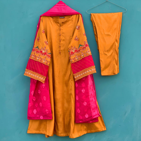 Embroidered Golden frock 3PC – Corner