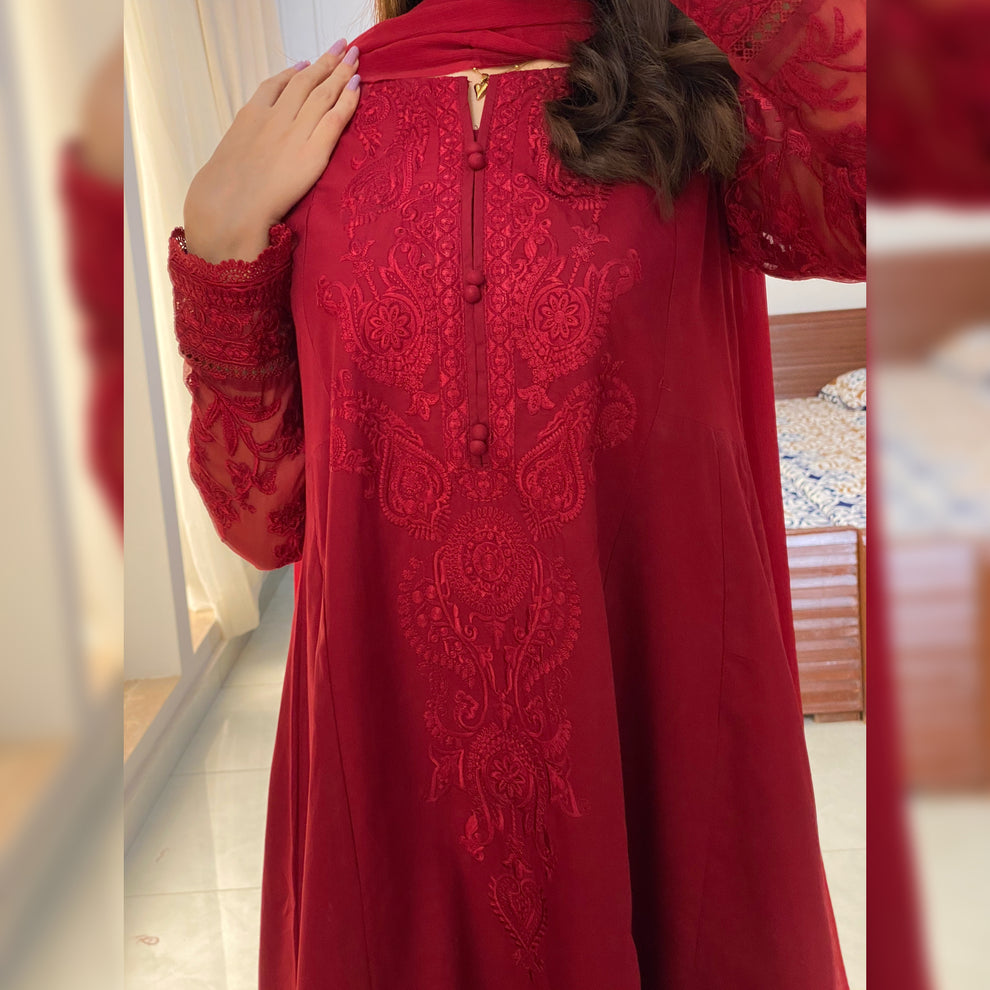 Ruby Red Embroidered Frock – Corner