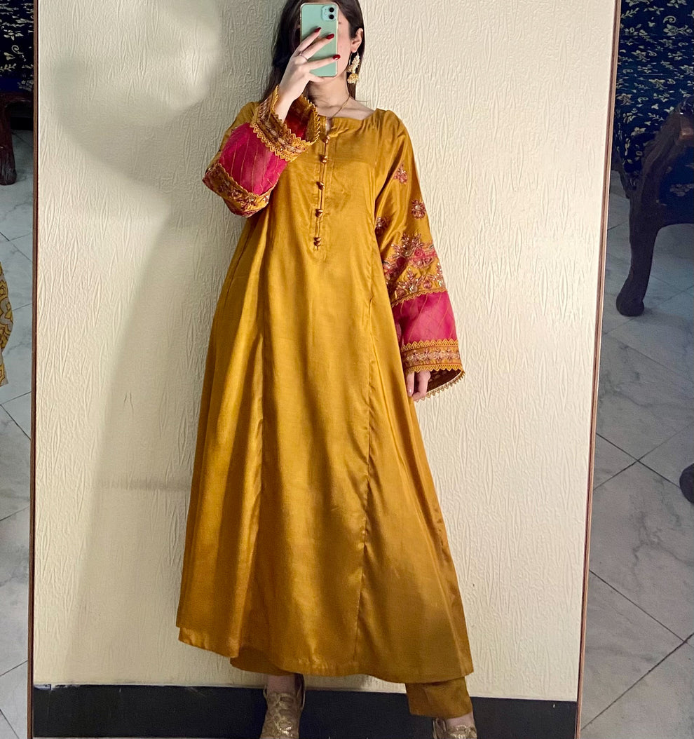 Embroidered Golden frock 3PC – Corner
