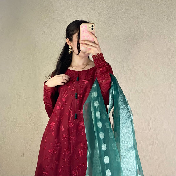 Maroon Embroidered Frock 3PC-2PC – Corner