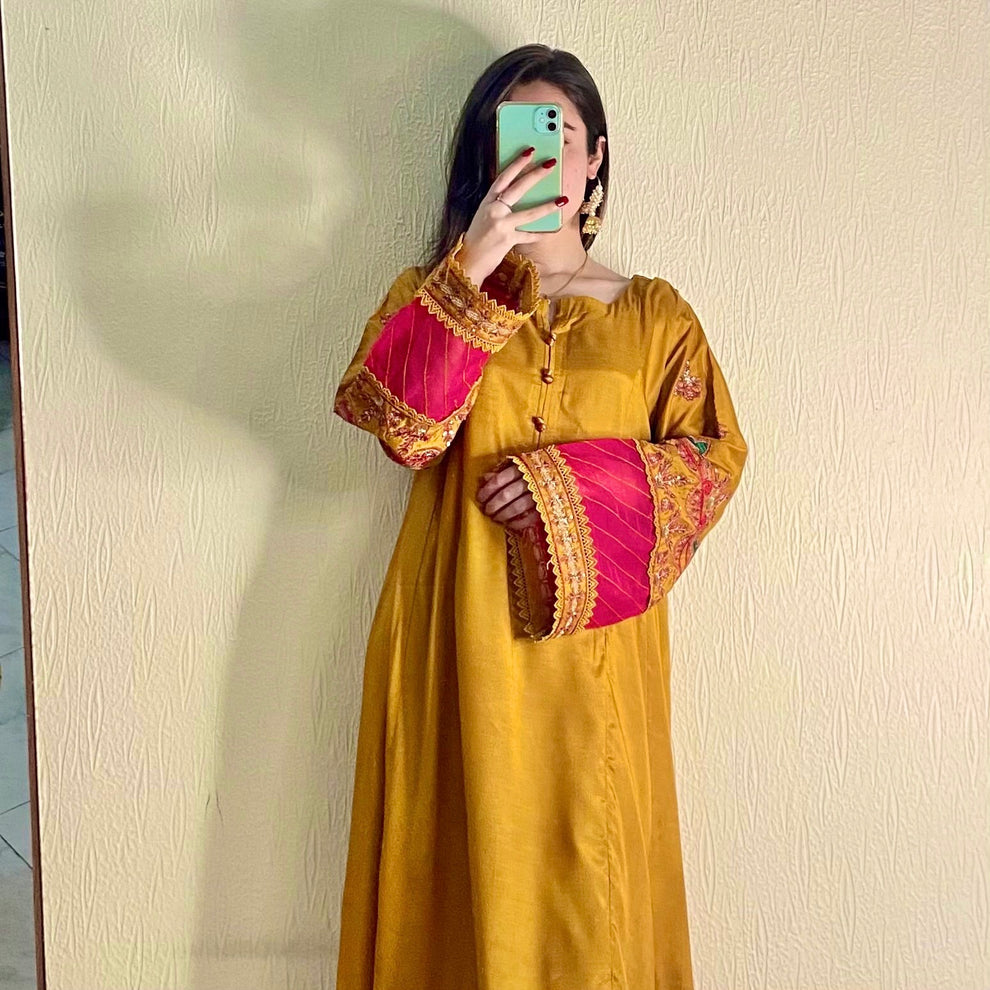 Embroidered Golden frock 3PC – Corner